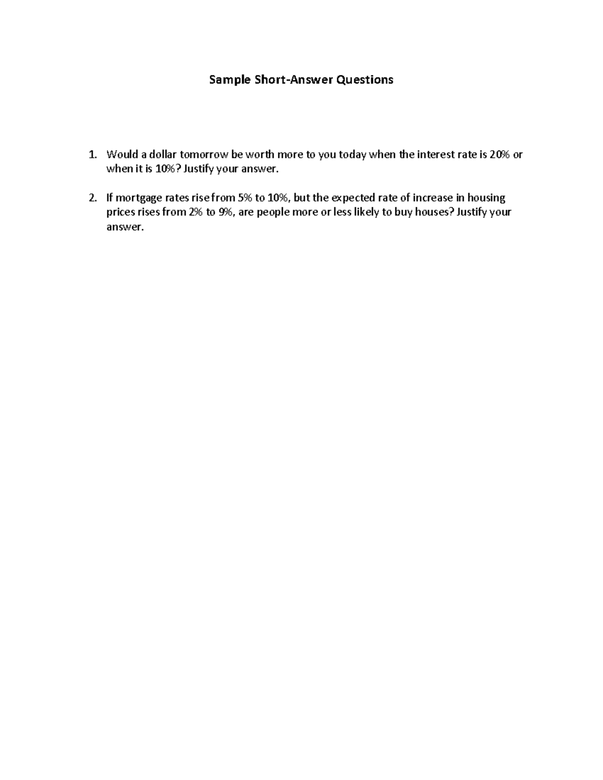 Sample Short answer questions - Econ 201 - Sample Short-Answer ...