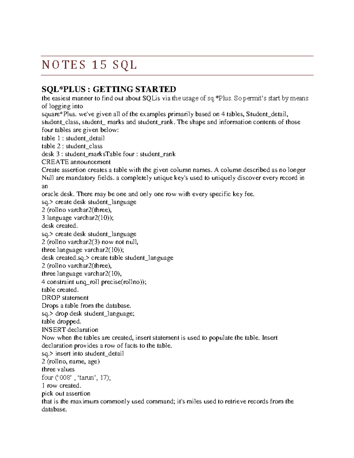 Notes 15 SQL - N O T E S 1 5 S Q L SQL*PLUS : GETTING STARTED the ...