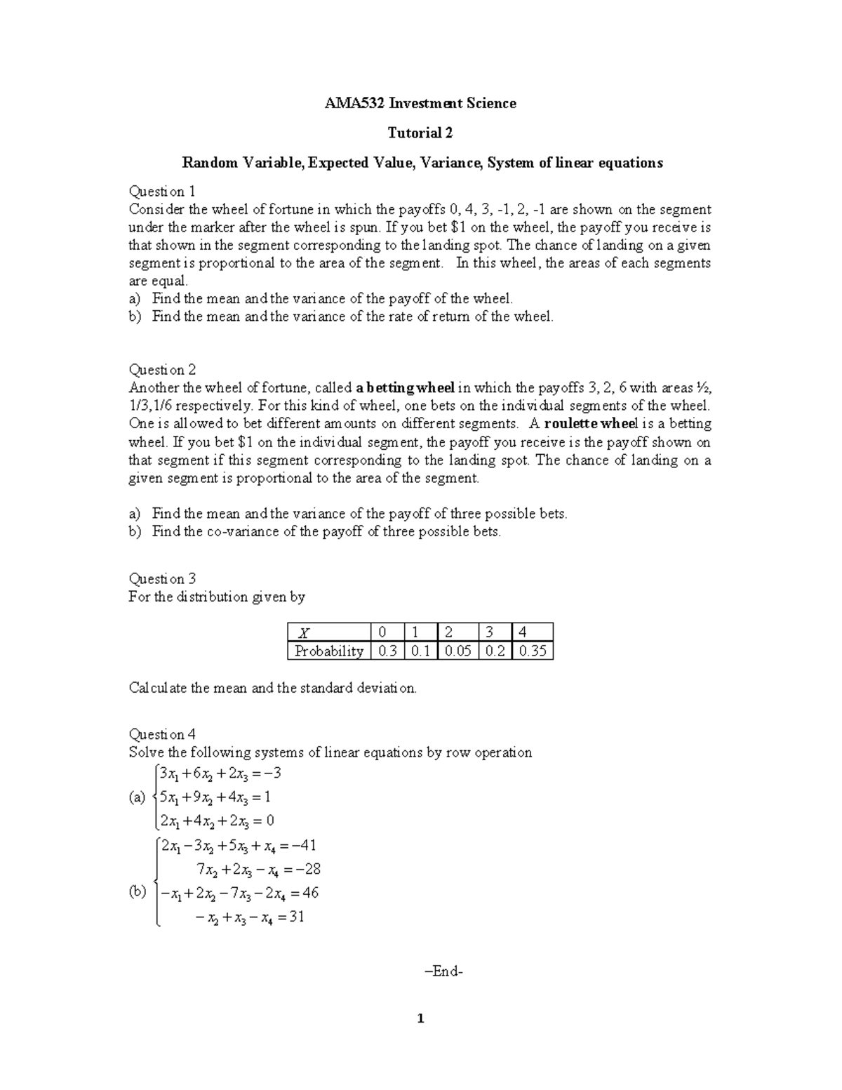 AMA532 Tutorial 2 soluiton - AMA532 Investment Science Tutorial 2 Random Variable, Expected ...