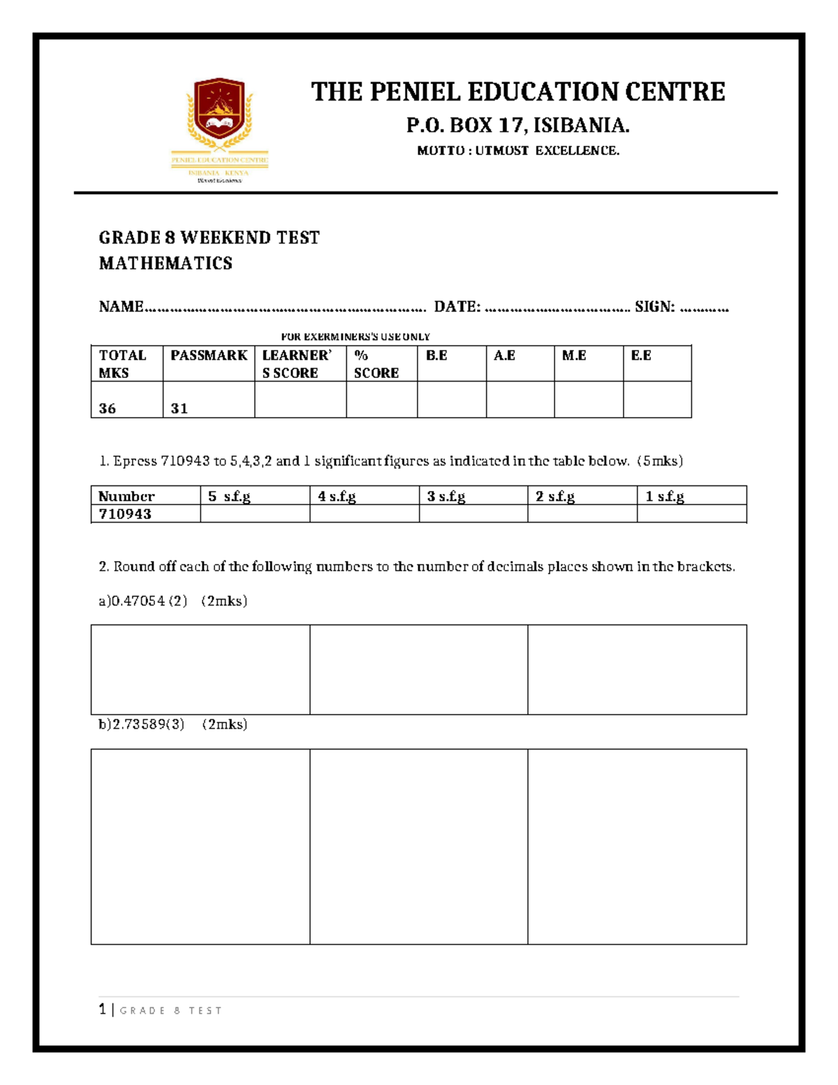 Maths Grade 8 test 2 - time management exams - GRADE 8 WEEKEND TEST ...