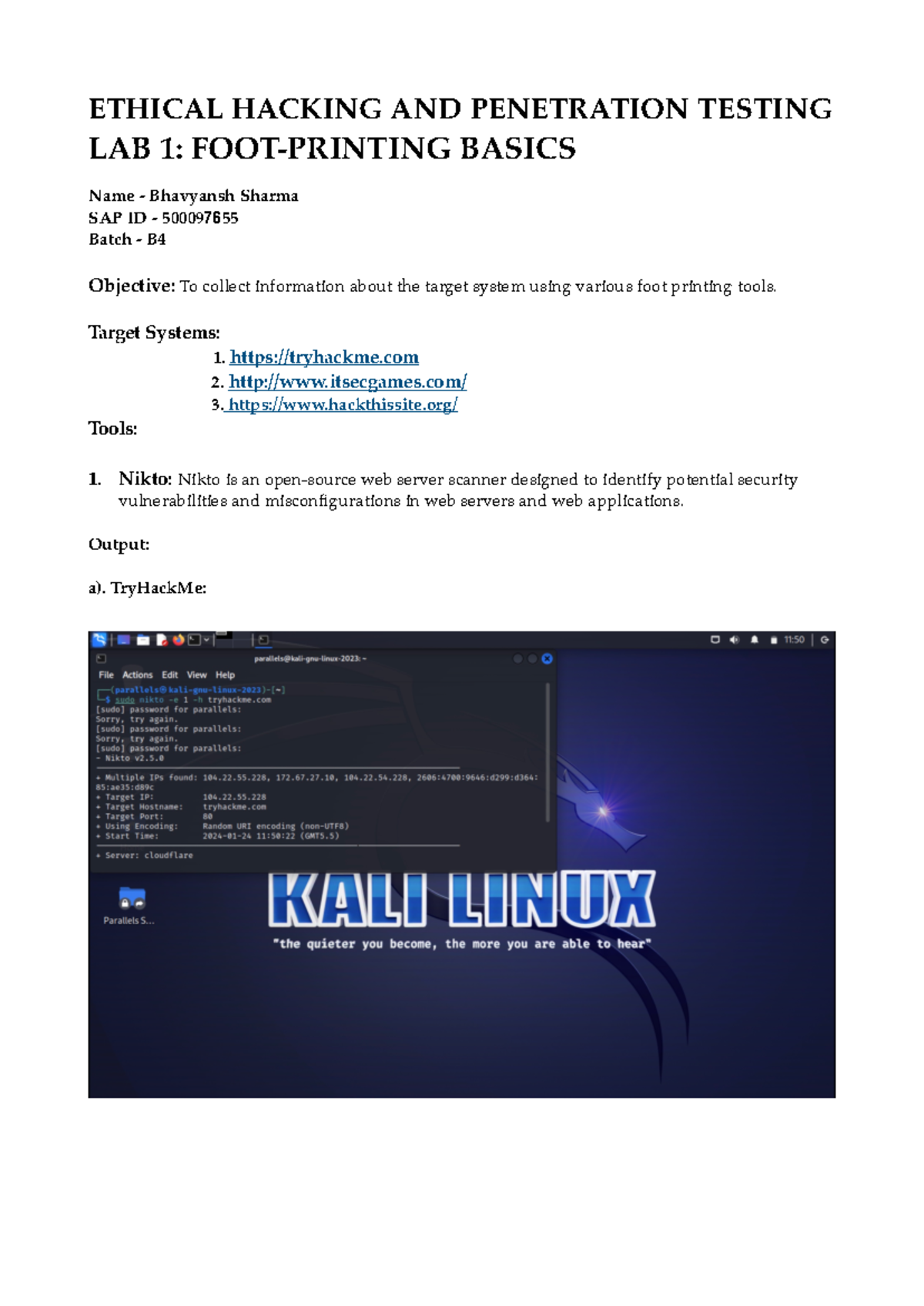 EHTP lab 1 - lab experiment - ETHICAL HACKING AND PENETRATION TESTING ...