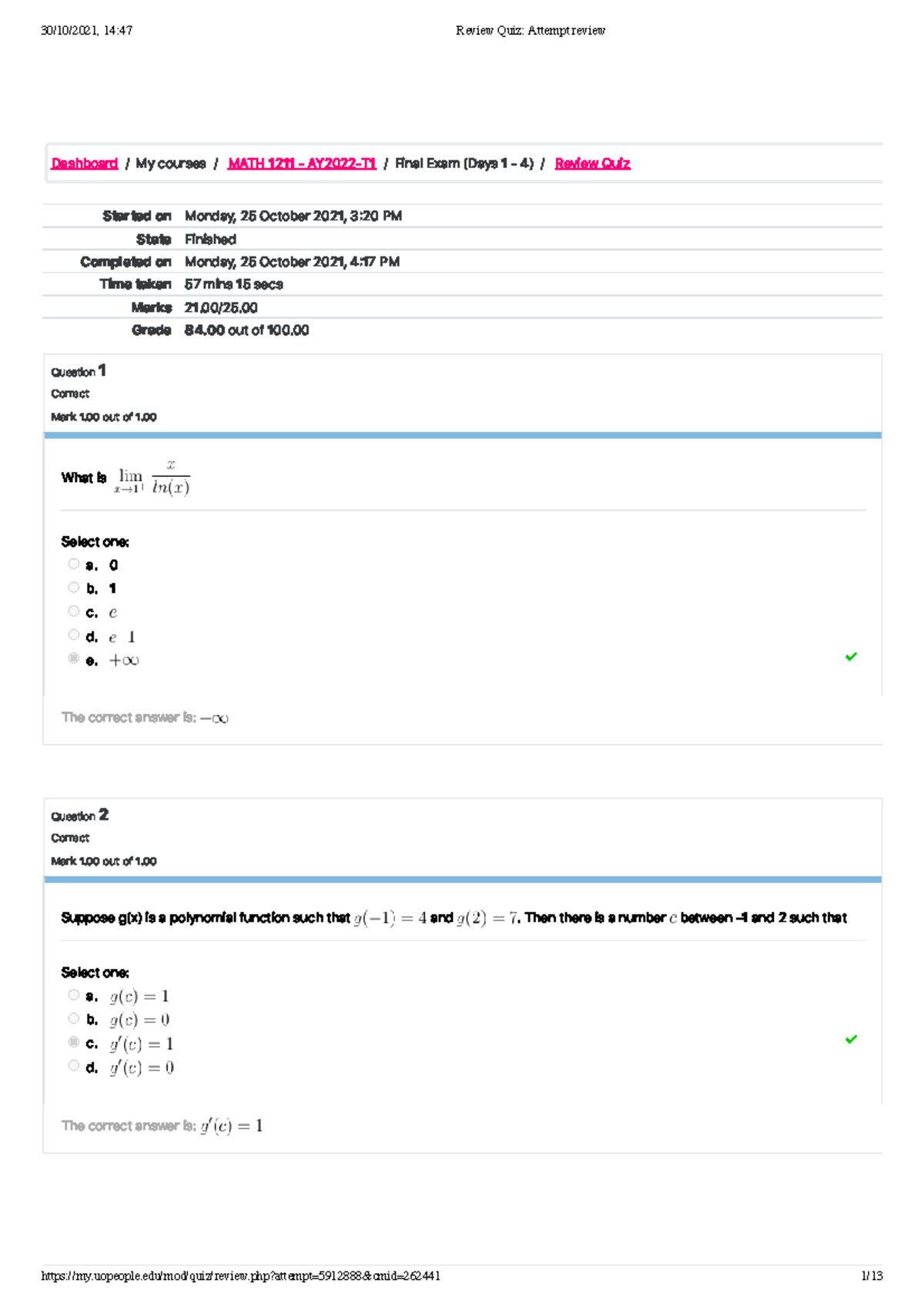 Review Quiz Math 1211 - Started on Monday, 25 October 2021, 320 PM ...