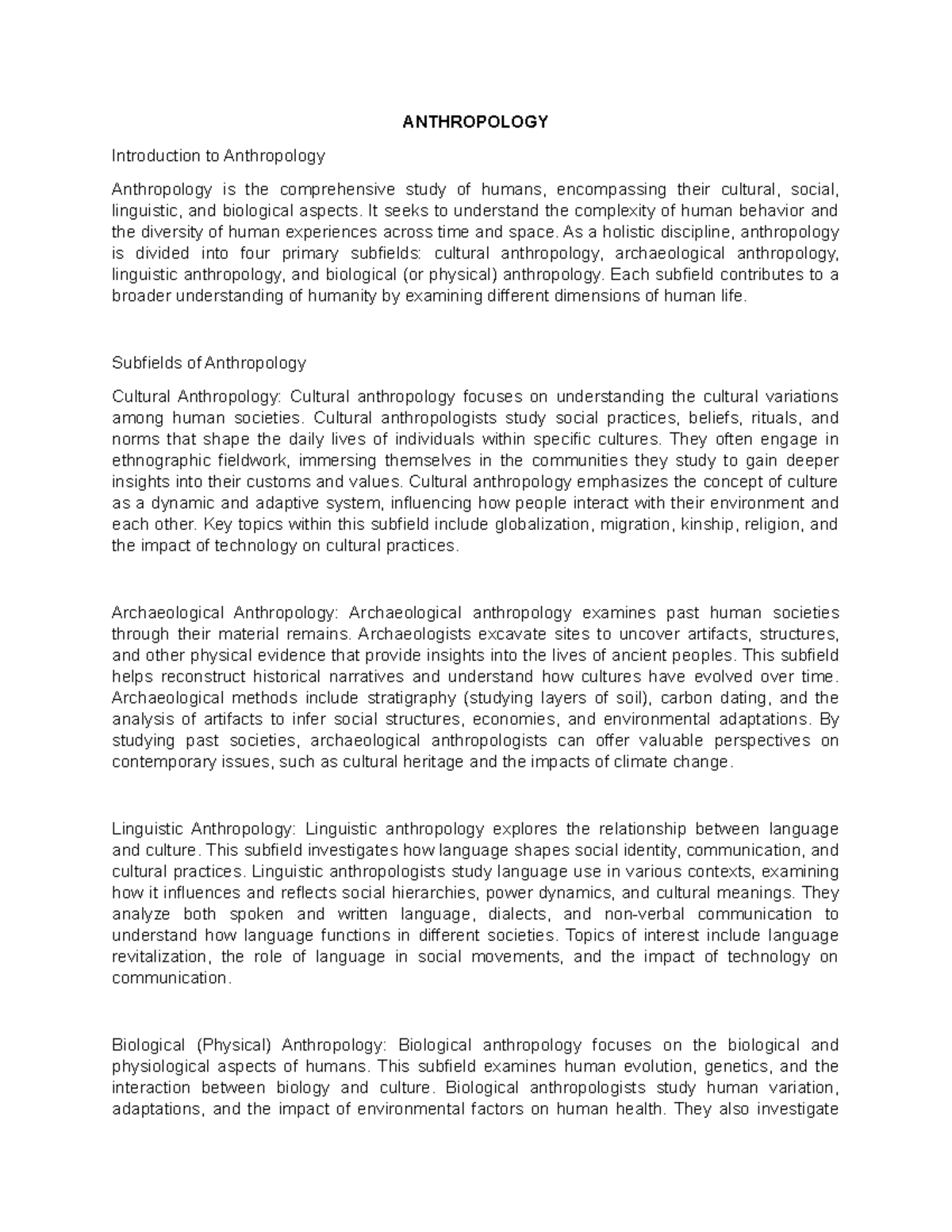 Anthropology - comprehensive study of humans, encompassing their ...