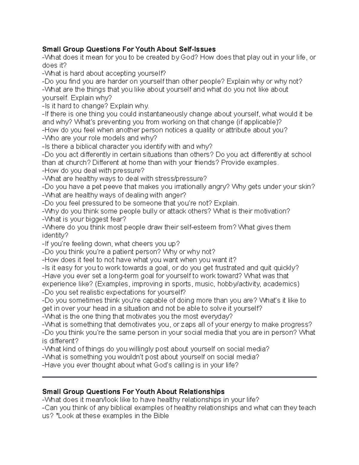 Small Group Questions For Youth About Self Small Group Questions For