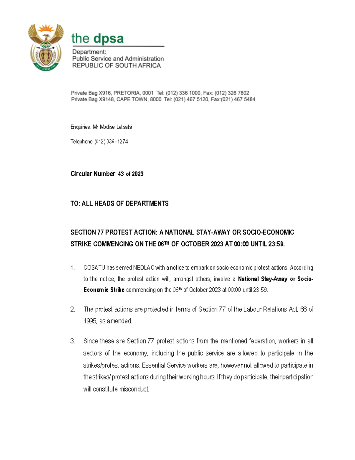 Circular on the Cosatu section 77 protest action 06 October 2023Dep ...