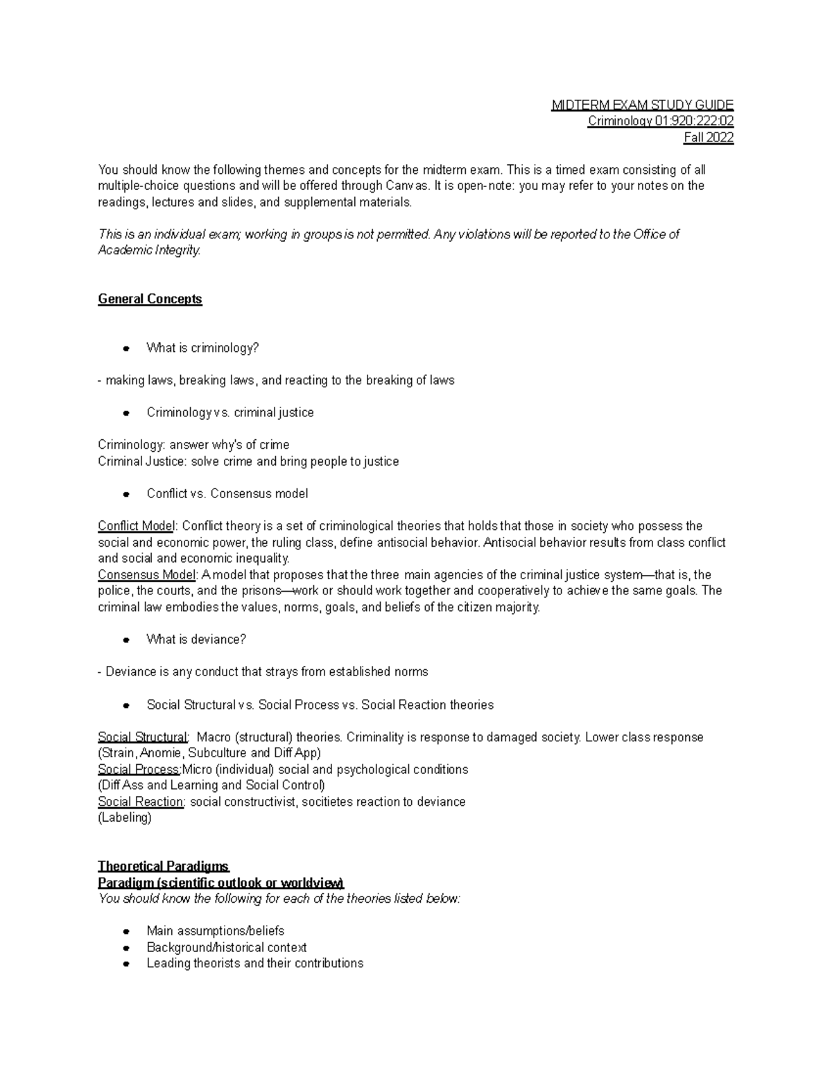 Study Guide 1 - MIDTERM EXAM STUDY GUIDE Criminology 01:920:222: Fall ...