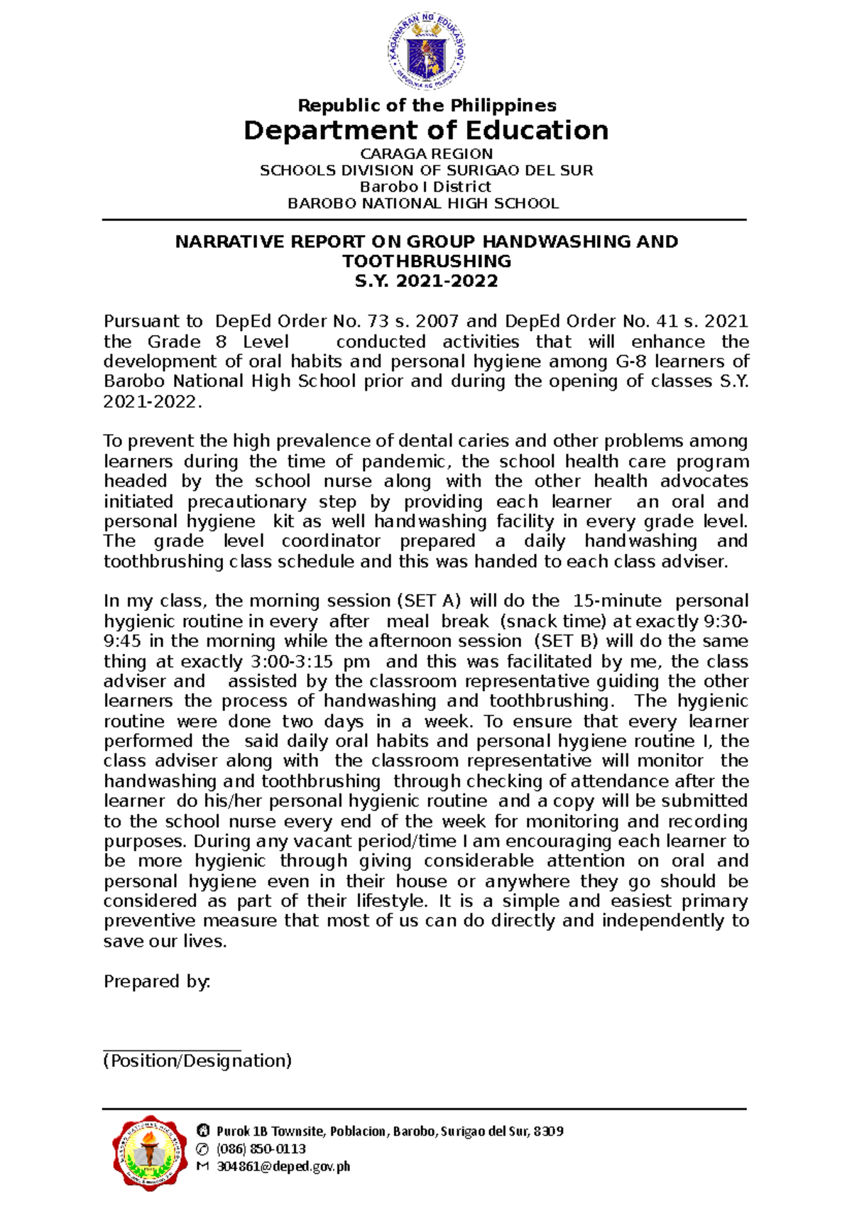 G 8 Narrative Report on Daily Handwashing and Toothbrushing ...