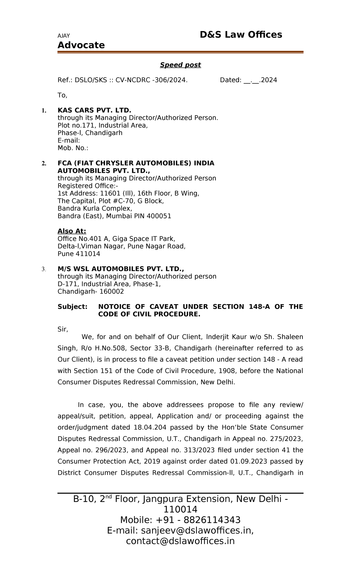 Caveat notice Inderjitdocx - AJAY D&S Law Offices Advocate Speed post ...