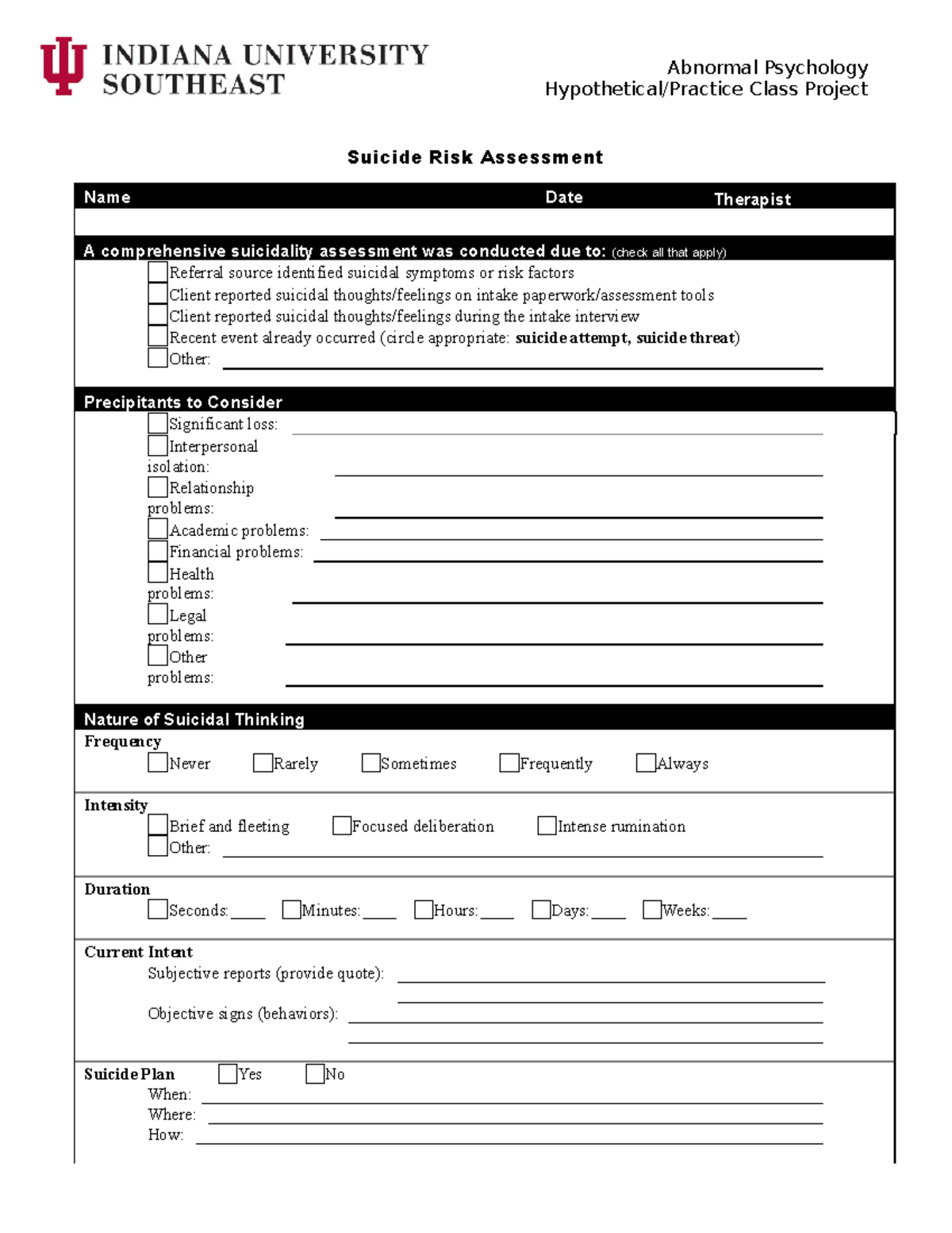 Suicide Risk Assessment Form - Abnormal Psychology Hypothetical ...
