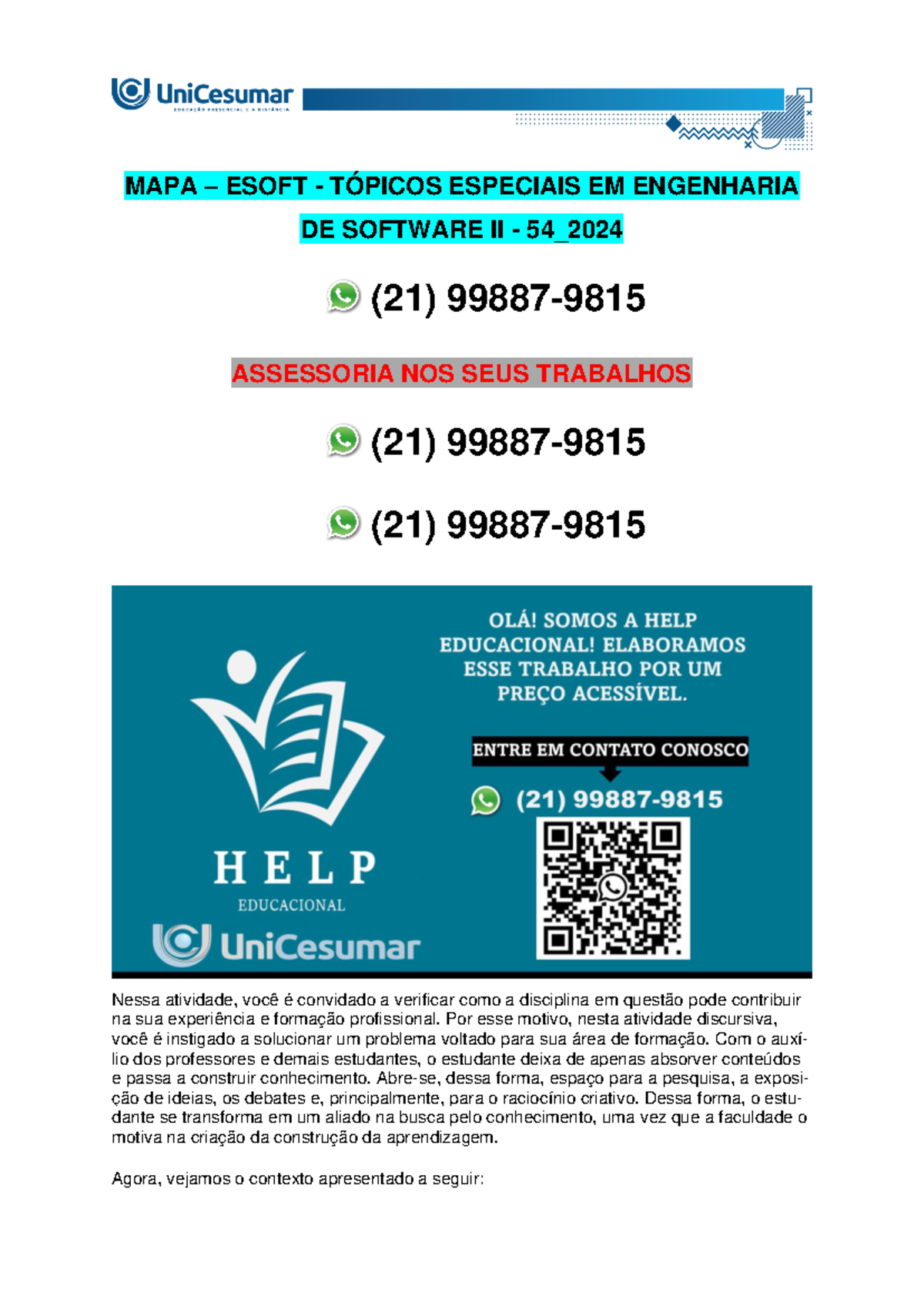 MAPA - ESOFT - TÓPICOS ESPECIAIS EM ENGENHARIA DE SOFTWARE II - 54_2024 - Por esse motivo, nesta ...