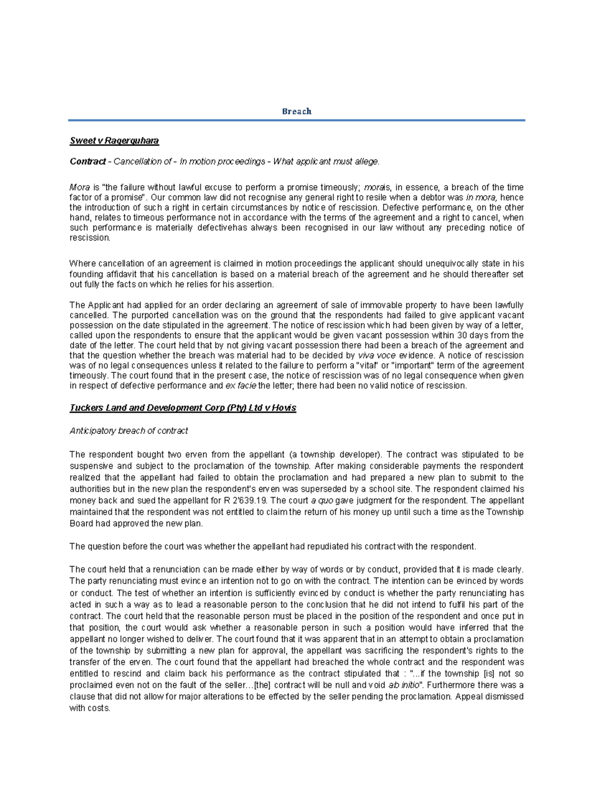 Contract cases finished-1 - Breach Sweet v Ragerguhara Contract ...