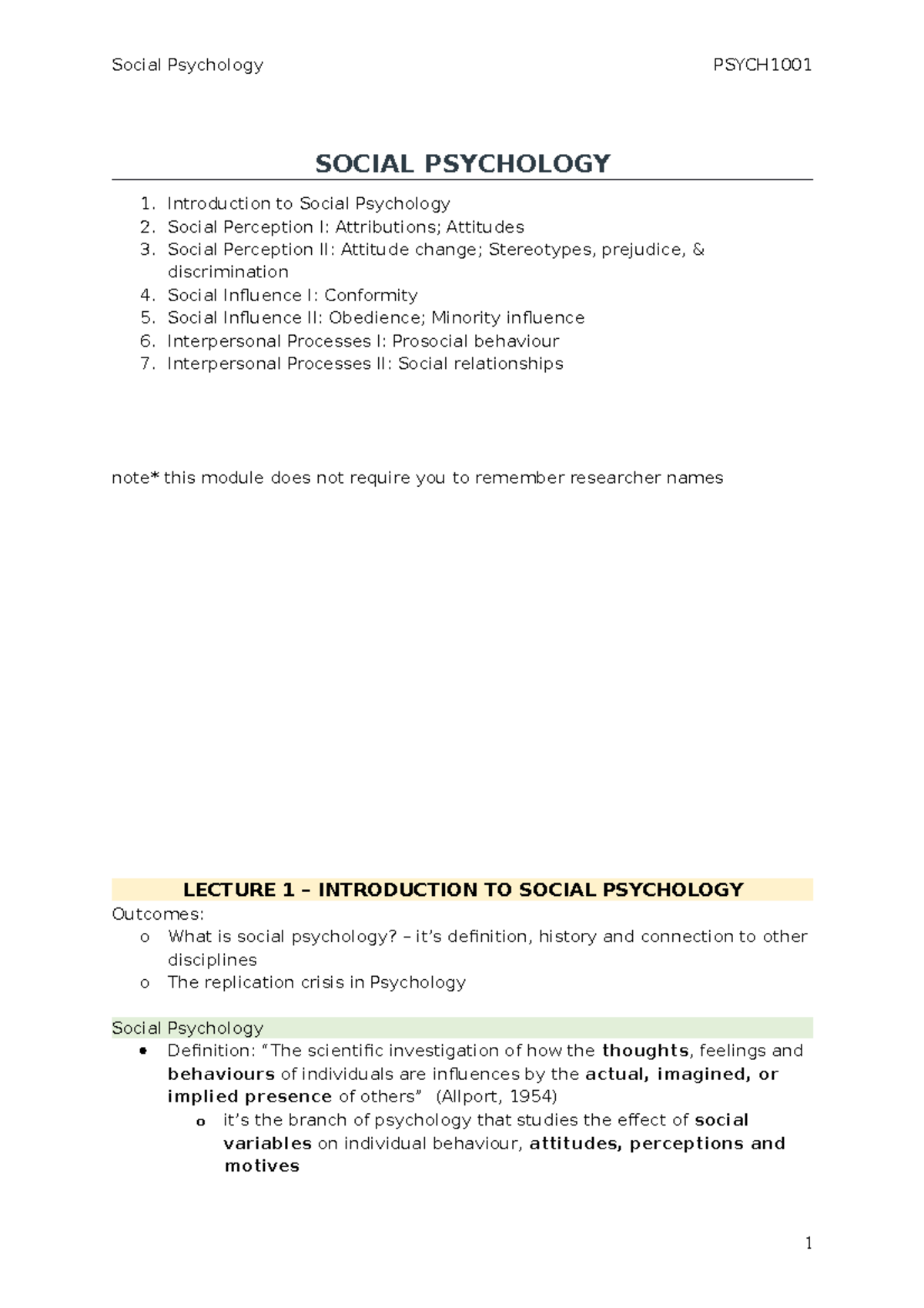 Social Psychology - Lecture notes complete lecture notes - SOCIAL ...