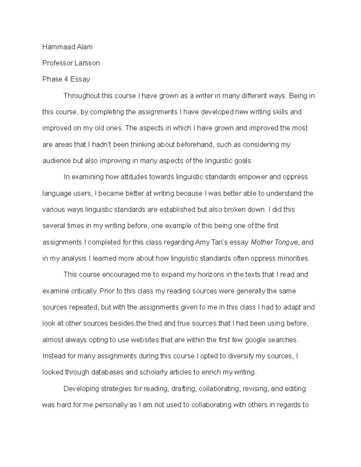 Phase 4 Self Reflection Essay | Anna Alexis Larsson 🌟 - Hammaad Alam ...