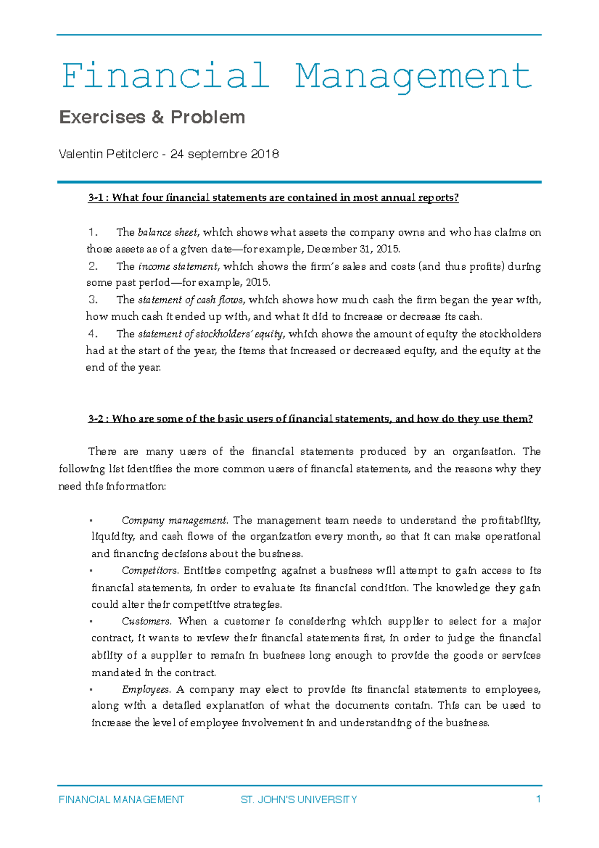 Exercises Finance - Financial Management Exercises & Problem Valentin ...