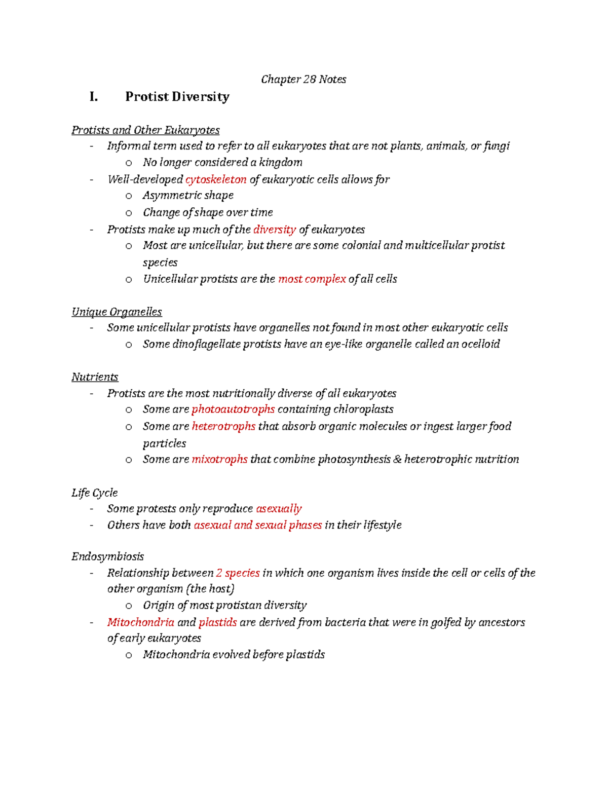 Chapter 28 - bio notes - Chapter 28 Notes I. Protist Diversity Protists ...