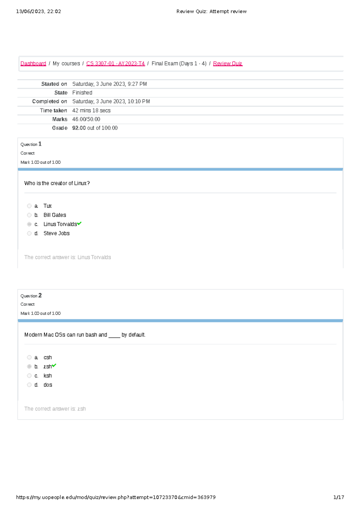 Review Quiz review CS 3307-01 Operating Systems 2 - Started on Saturday ...