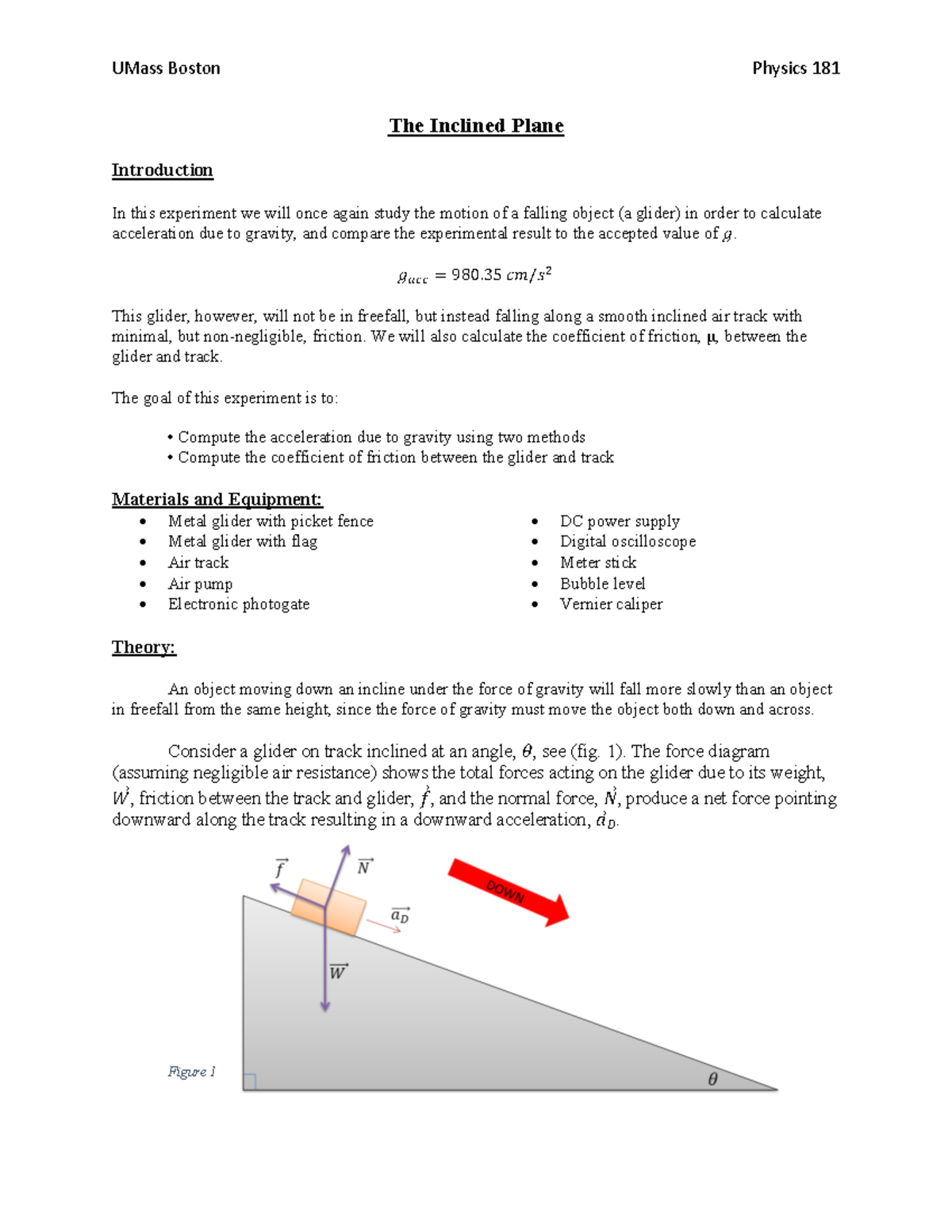 Inclined Plane Manual Fall2024 Update - UMass Boston Physics 181 The ...