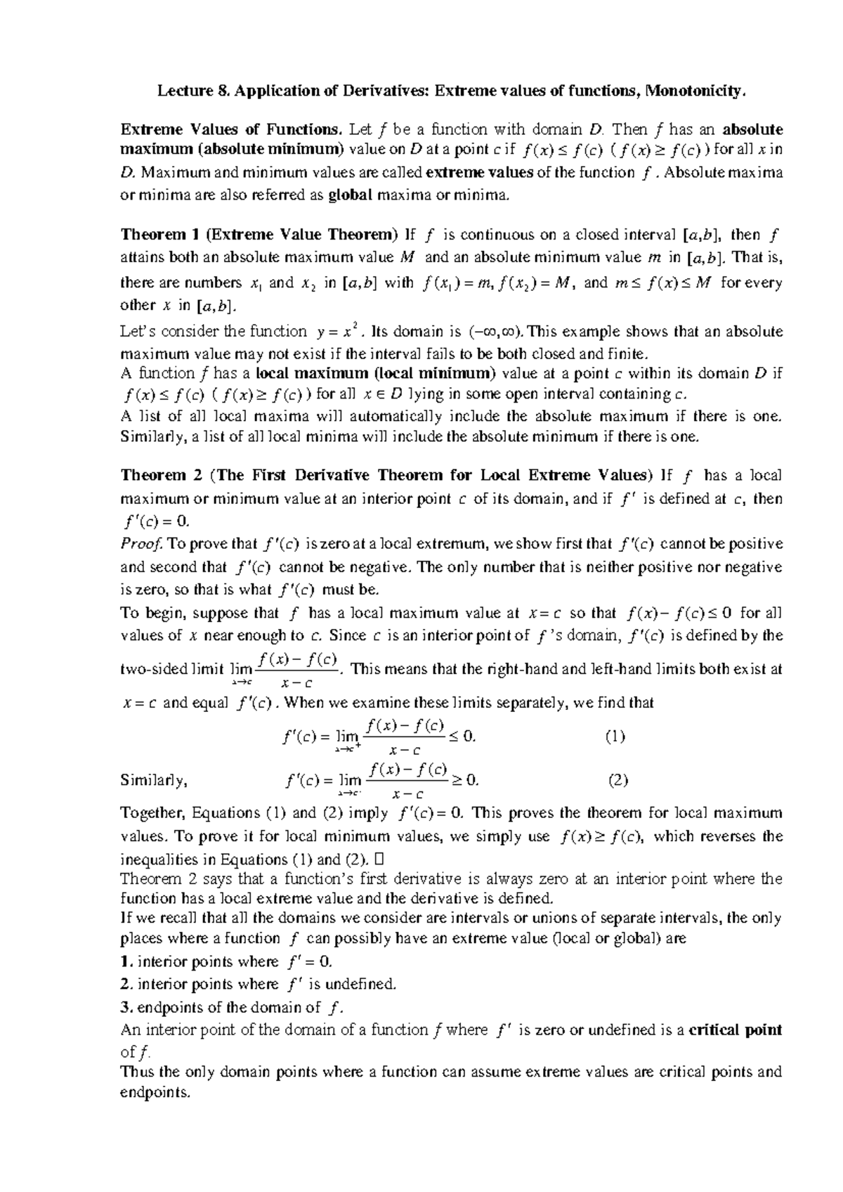 Lecture 8 Calculus 1 2024 - Lecture 8. Application of Derivatives ...