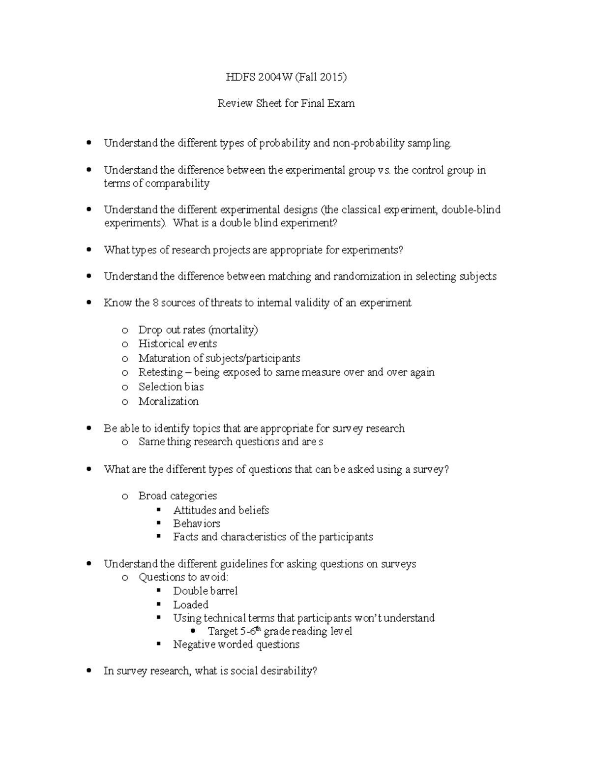 Review sheet for final exam - fall 2015 - professor Bellizzi - HDFS ...