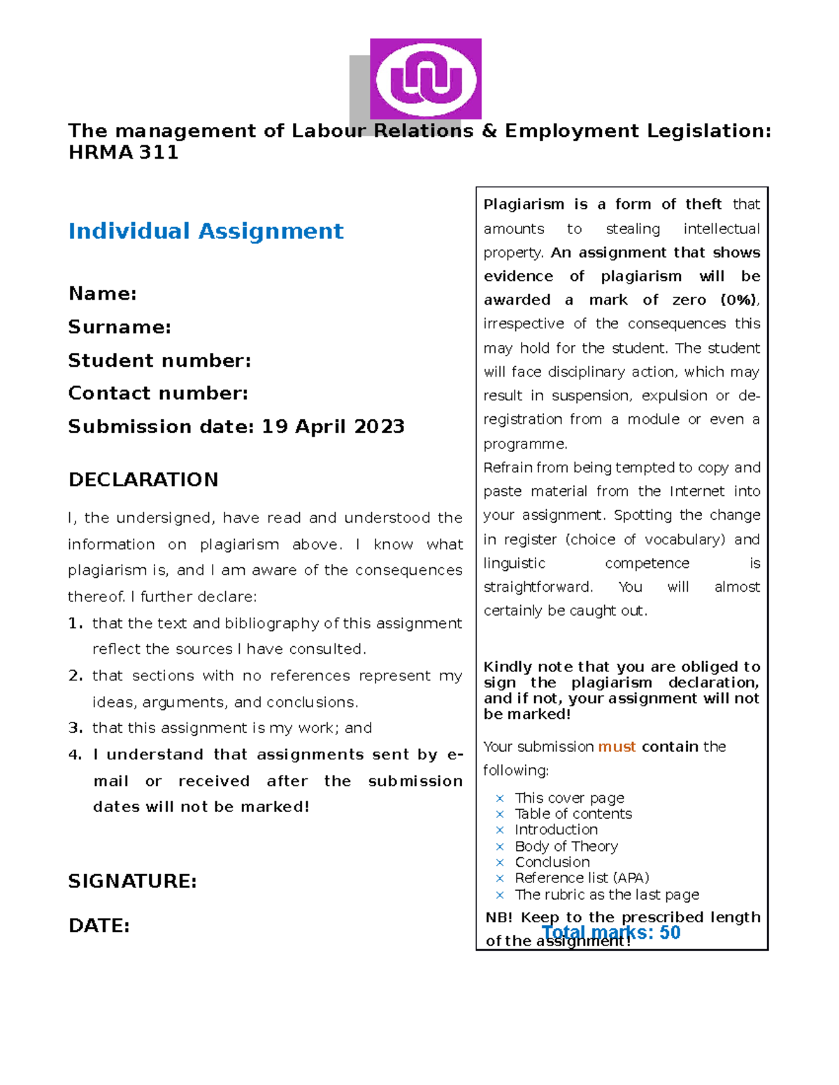 HRMA 311 Individual Assignment - April 2023 - The management of Labour Relations & Employment ...