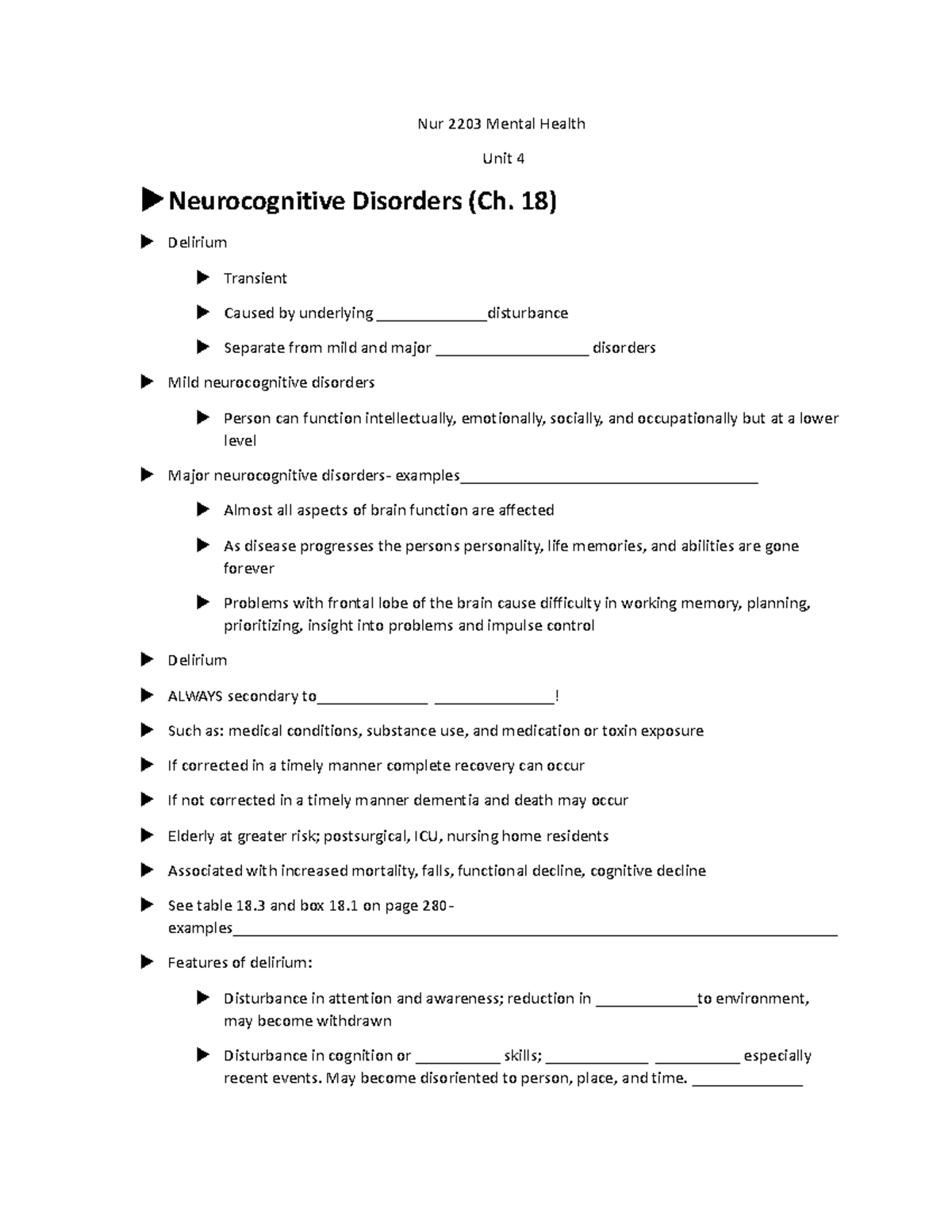 Unit 4 Notes - Nur 2203 Mental Health Unit 4 Neurocognitive Disorders ...