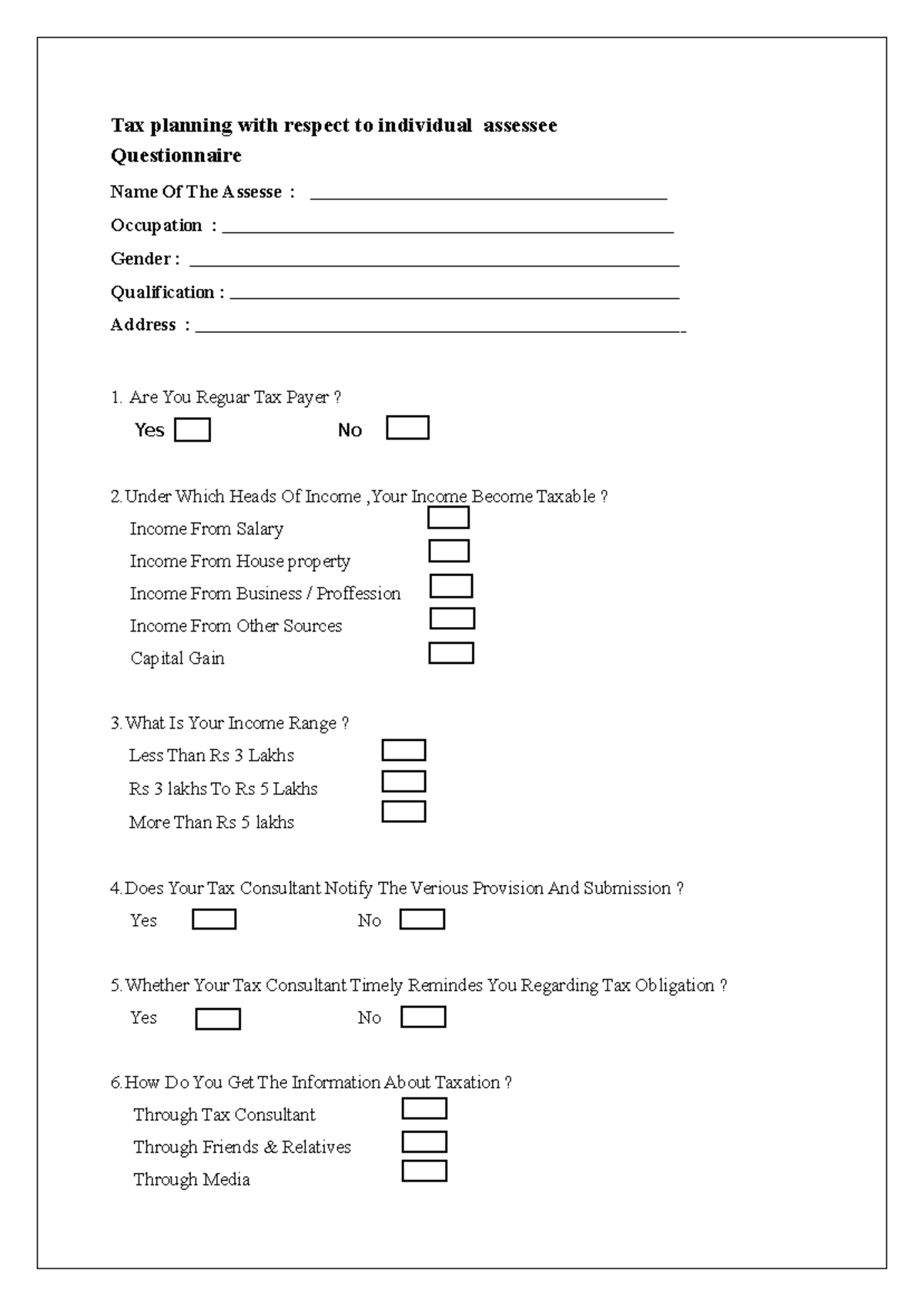 Questionaire for income tax planning with respect to individual assesse ...