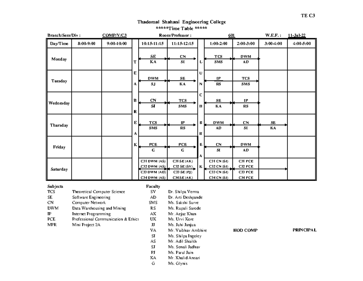 TE C3 Aug 2022 - Abcde - TE C W. : 11-Jul- Day/Time 8:00-9:00 9:00-10: ...