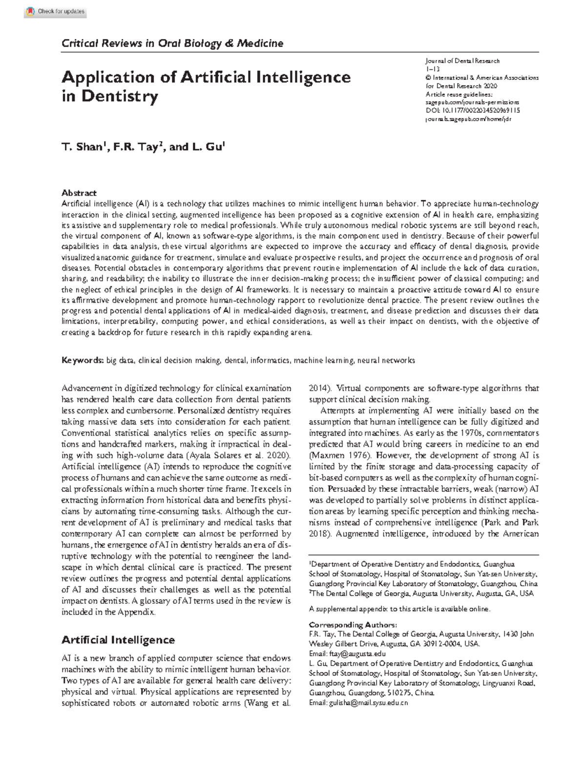 Application of Artificial Intelligence in Dentistry - doi/10.1177 ...