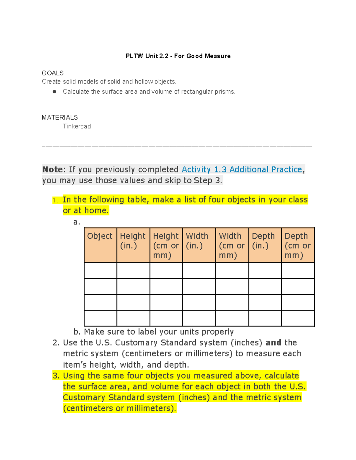 PLTW Unit 2.2 - Measure Your Own Stuff - PLTW Unit 2 - For Good Measure ...