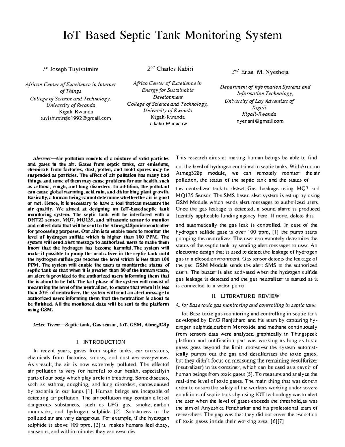 Tuyishimire- Josep Paper - IoT Based Septic Tank Monitoring System 1 st ...