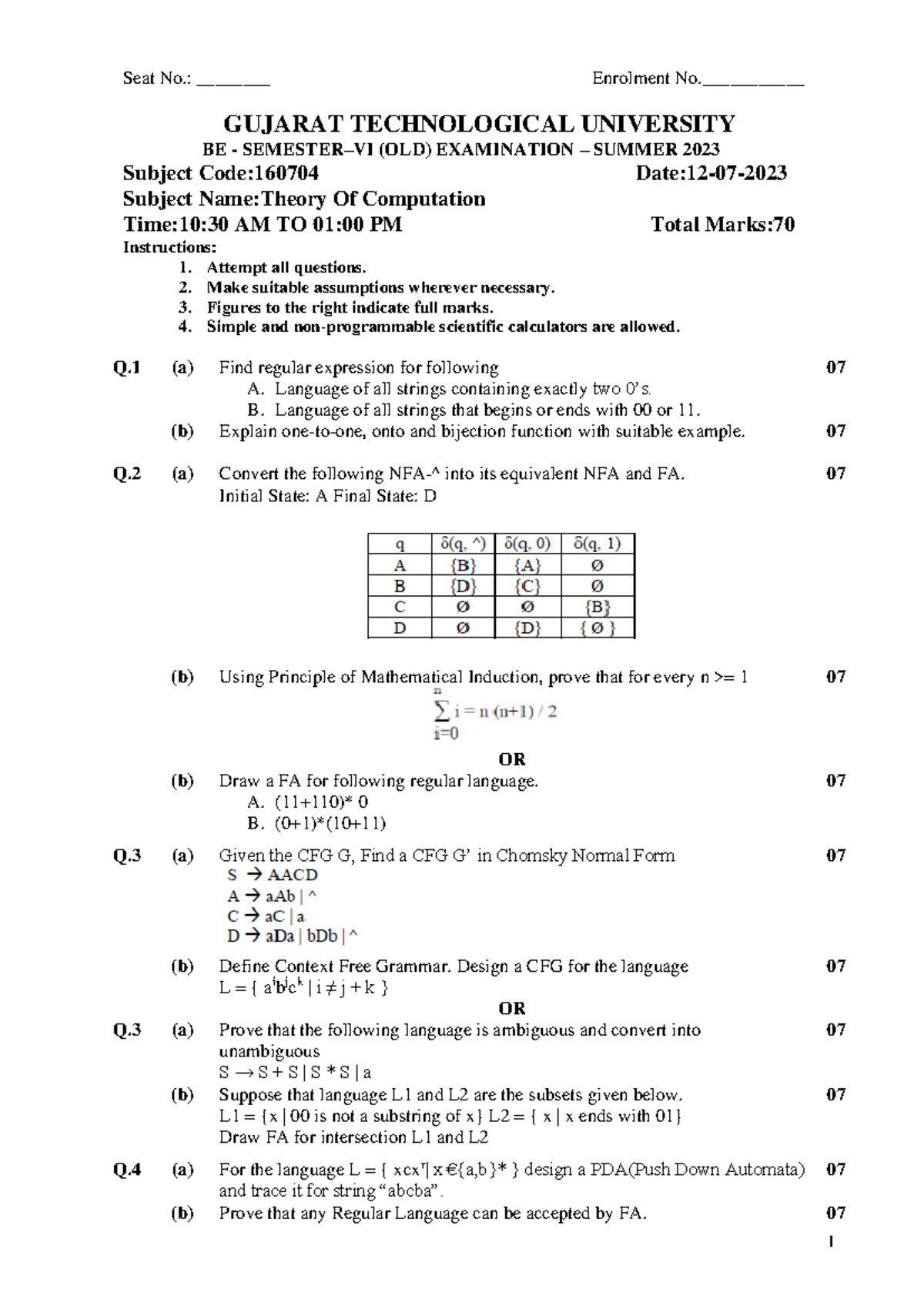 GTU Computer 160704 Summer 2023 - 1 Seat No.: ________ Enrolment No ...