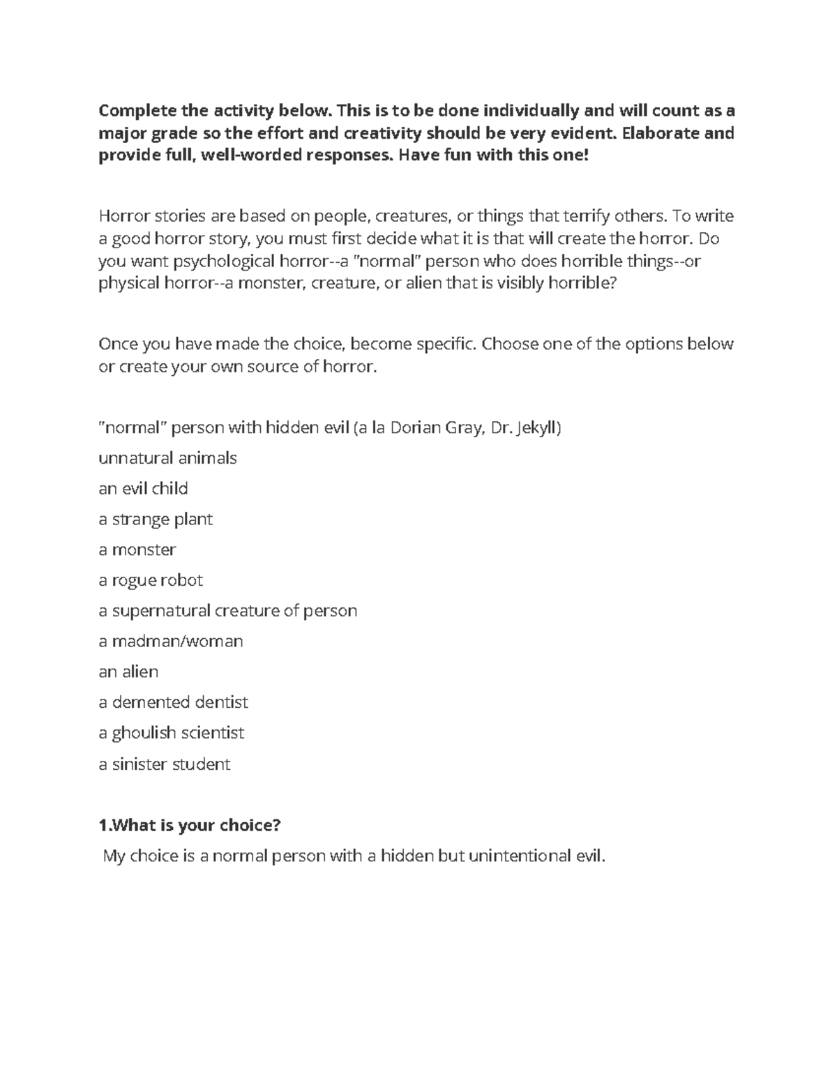 Creative Project - Creating Horror - Complete the activity below. This ...