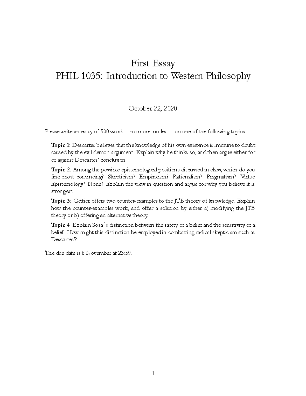 First-essay - First-essay guide - First Essay PHIL 1035: Introduction ...