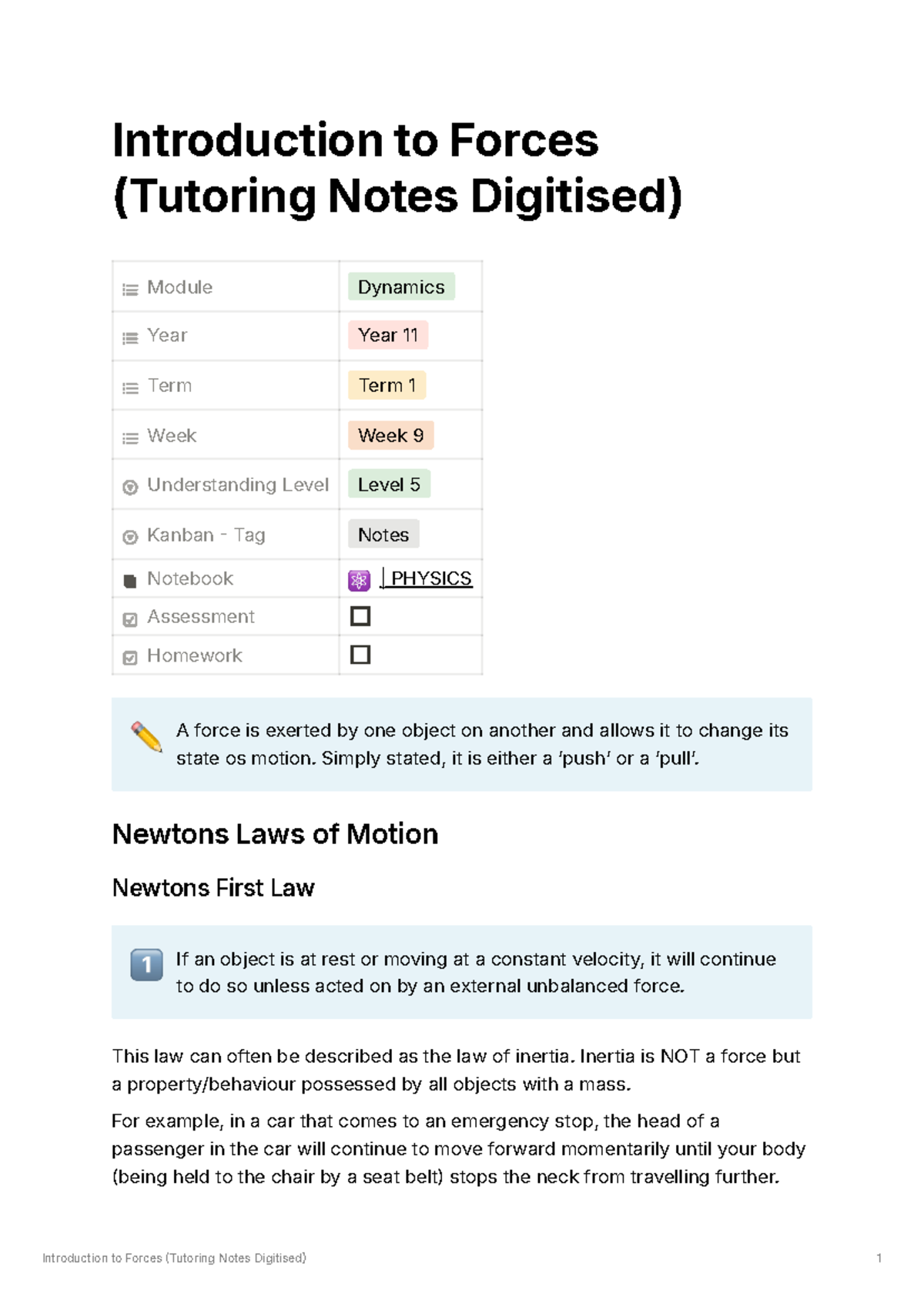 Introduction to Forces - Introduction to Forces (Tutoring Notes ...