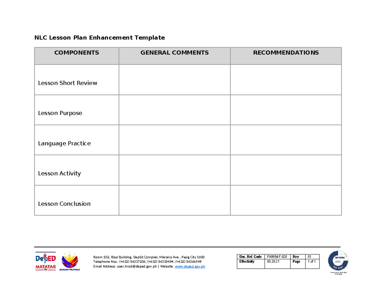 NLC lesson PLan Template - Educational Psychology - NLC Lesson Plan ...