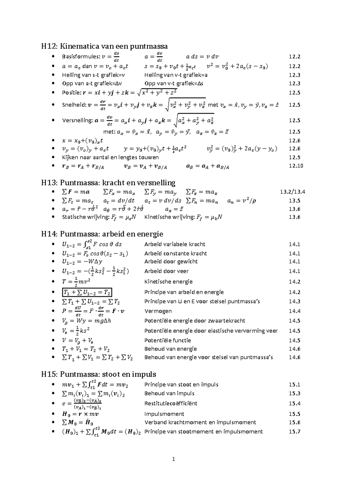 formules dynamica - 1 H12: Kinematica van een puntmassa Basisformules ...