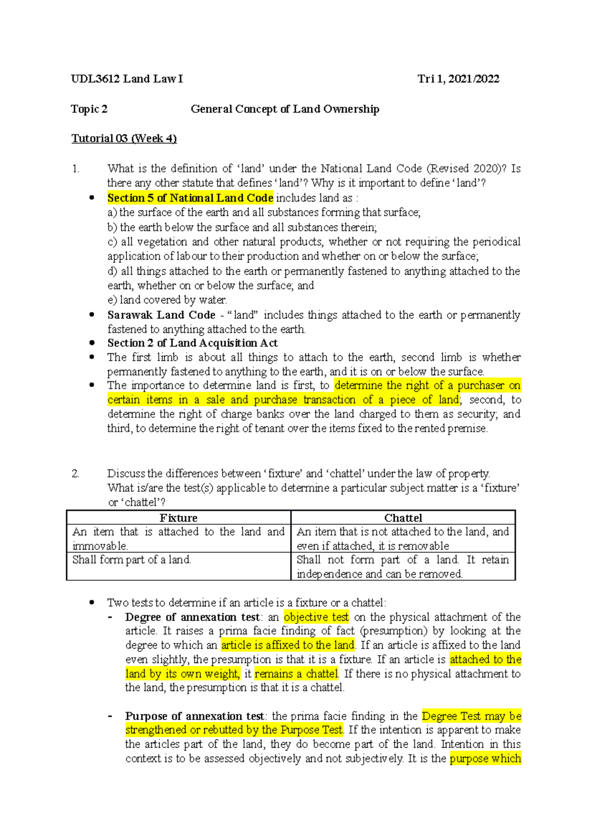 T2 Land Law - T2 Land Law - UDL3612 Land Law I Tri 1, 2021/ Topic 2 General Concept of Land ...