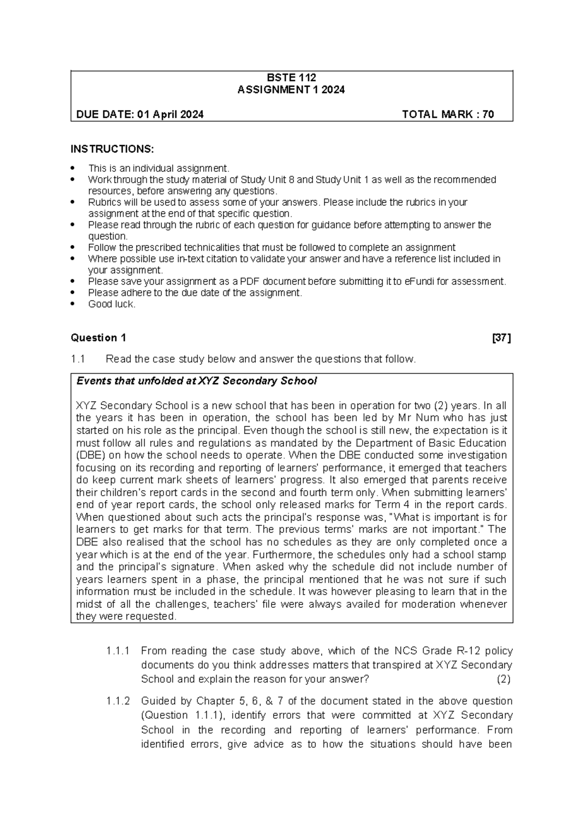 BSTE 112 Assignment 1 2024 - BSTE 112 ASSIGNMENT 1 2024 DUE DATE: 01 ...