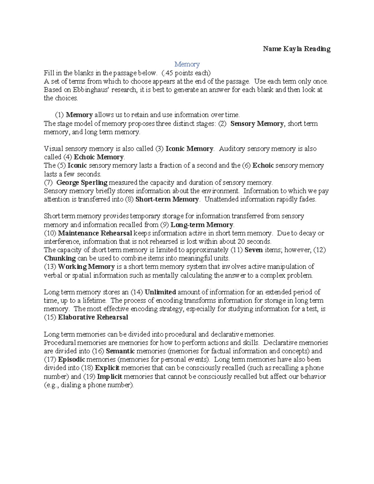 6 memory worksheet - Name Kayla Reading Memory Fill in the blanks in ...