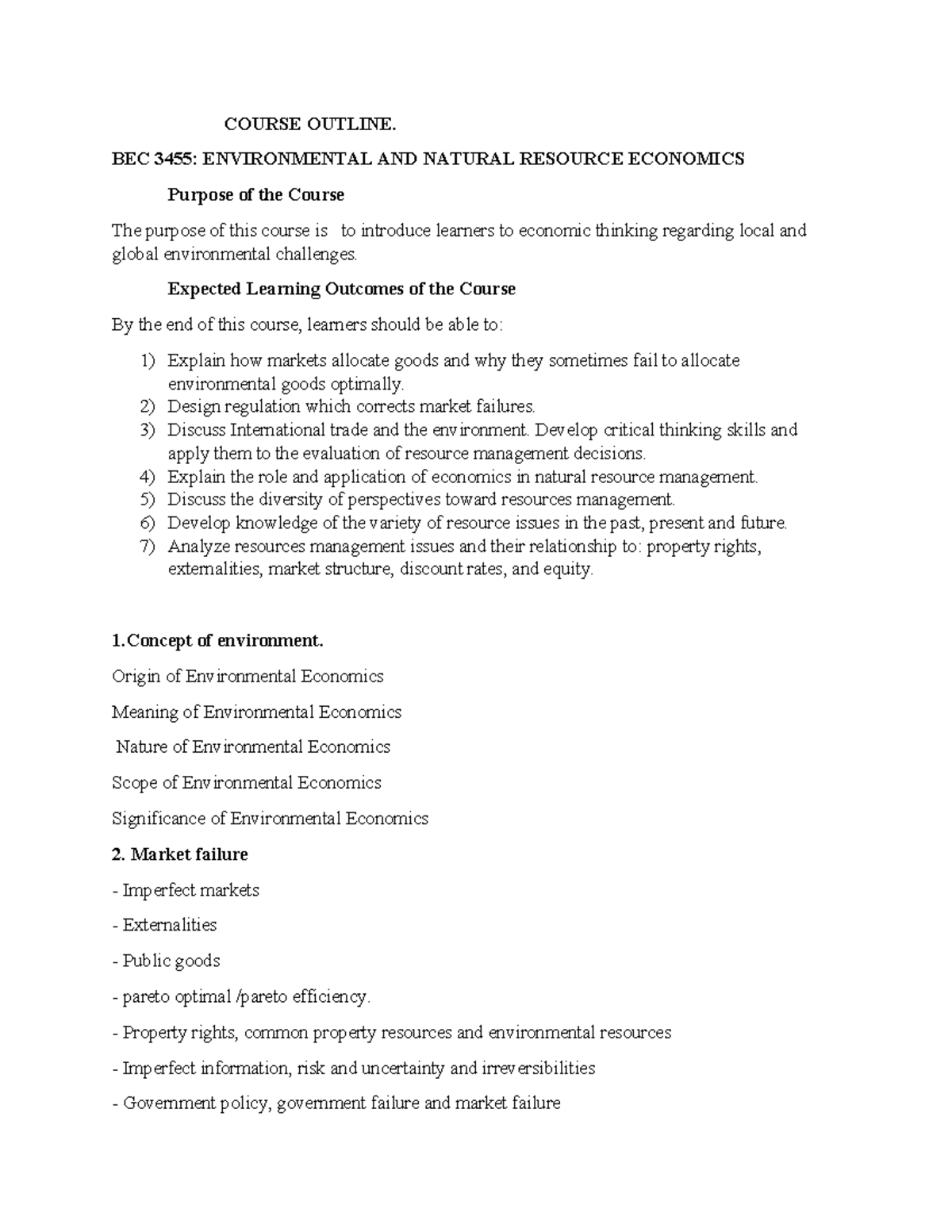 BEC 3455 Environmental AND Natural Resource ECON - COURSE OUTLINE. BEC ...