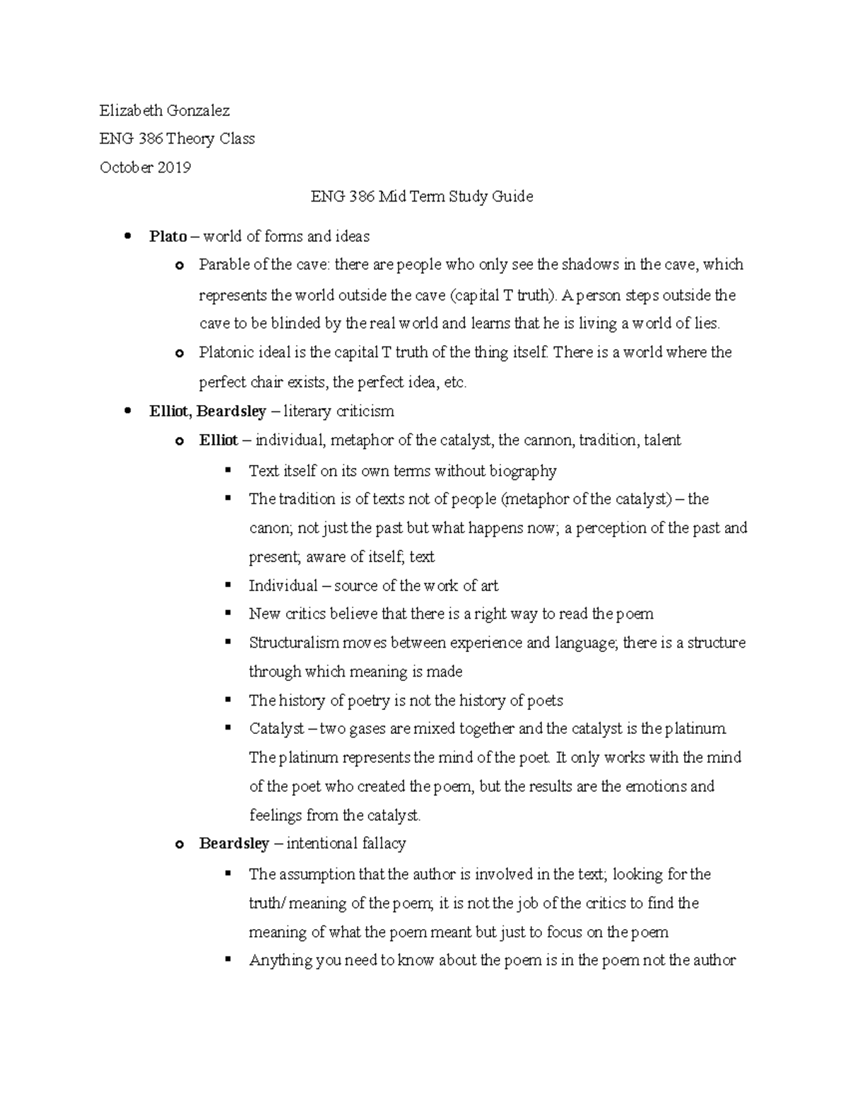 ENG 386 Midterm Study Guide - Elizabeth Gonzalez ENG 386 Theory Class October 2019 ENG 386 Mid ...