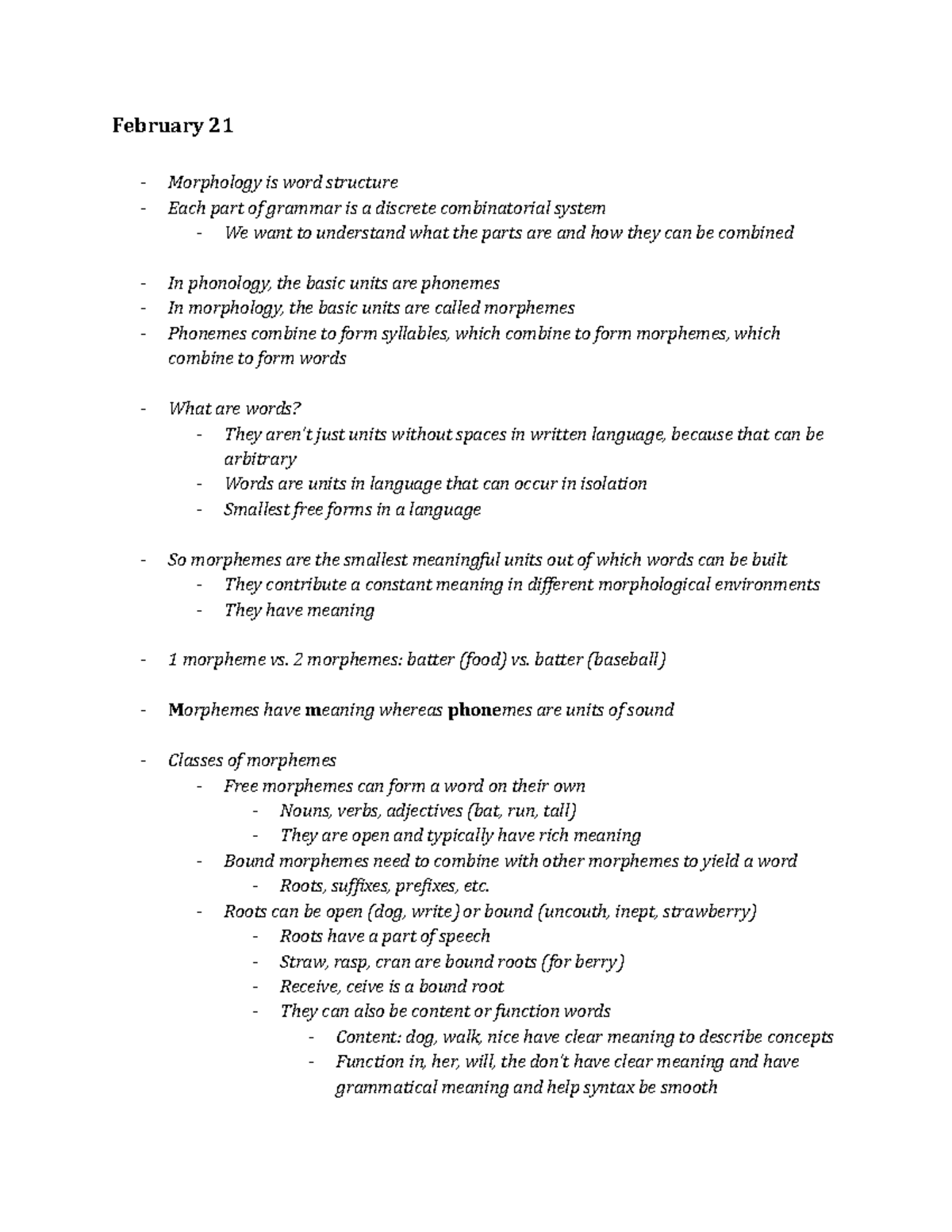 Class 11 Notes - Morphology - February 21 Morphology is word structure ...