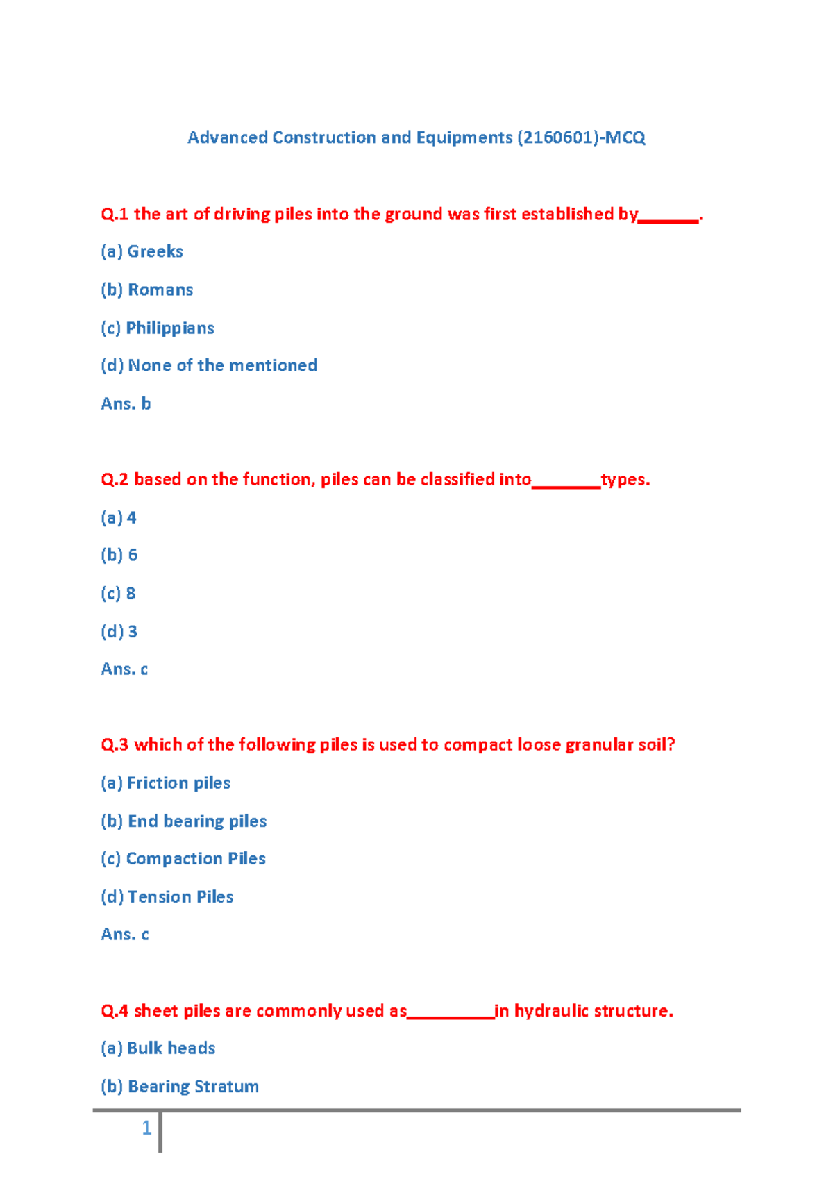 Mcq Of Advanced Construction And Equipments-2160601 - Advanced ...