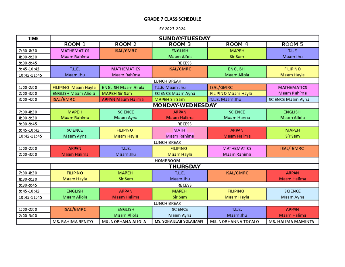 Schedule G7 NEW - Class program - GRADE 7 CLASS SCHEDULE SY 2023- TIME ...