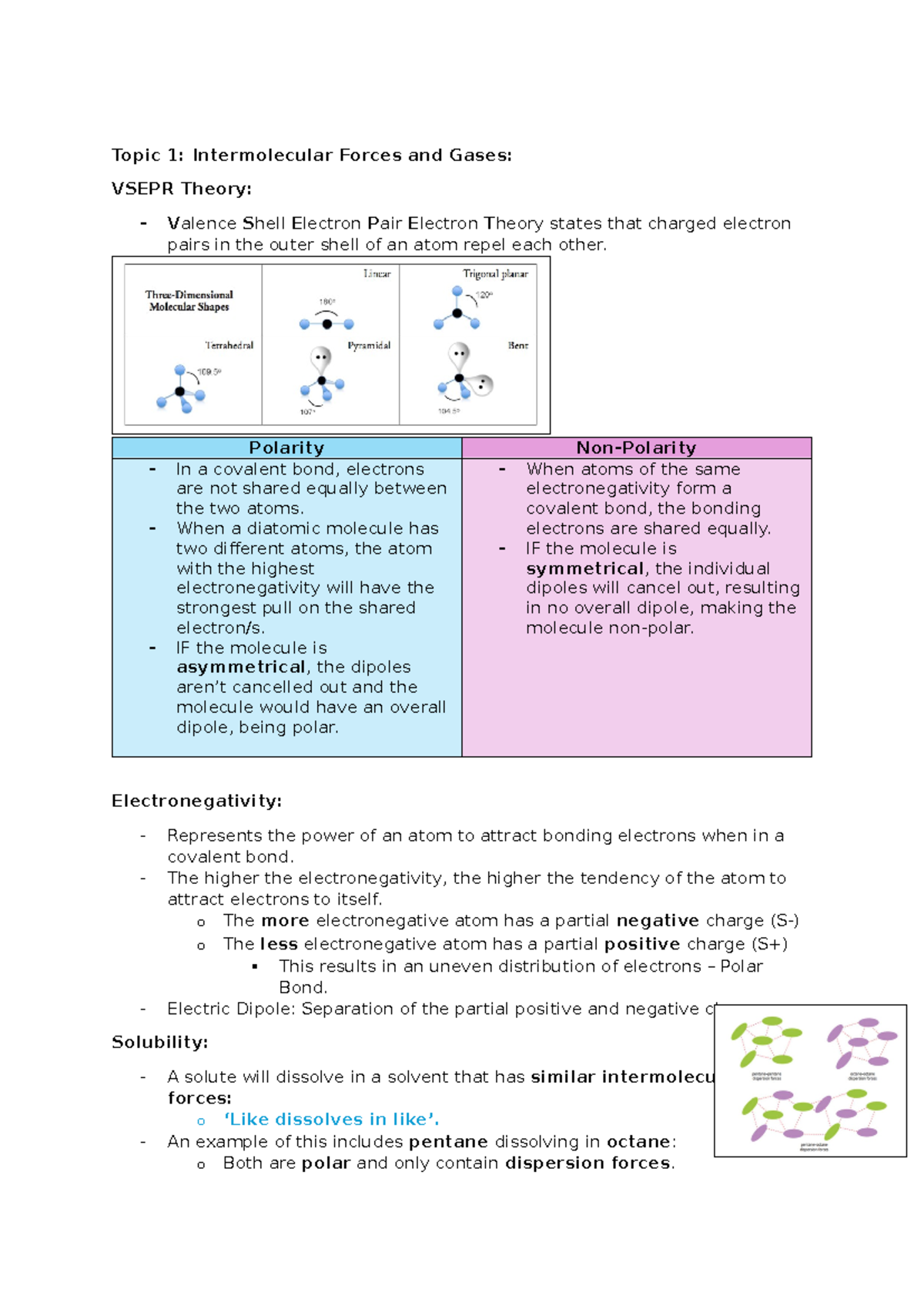 Chemistry unit 2 study - ........ - Topic 1: Intermolecular Forces and ...