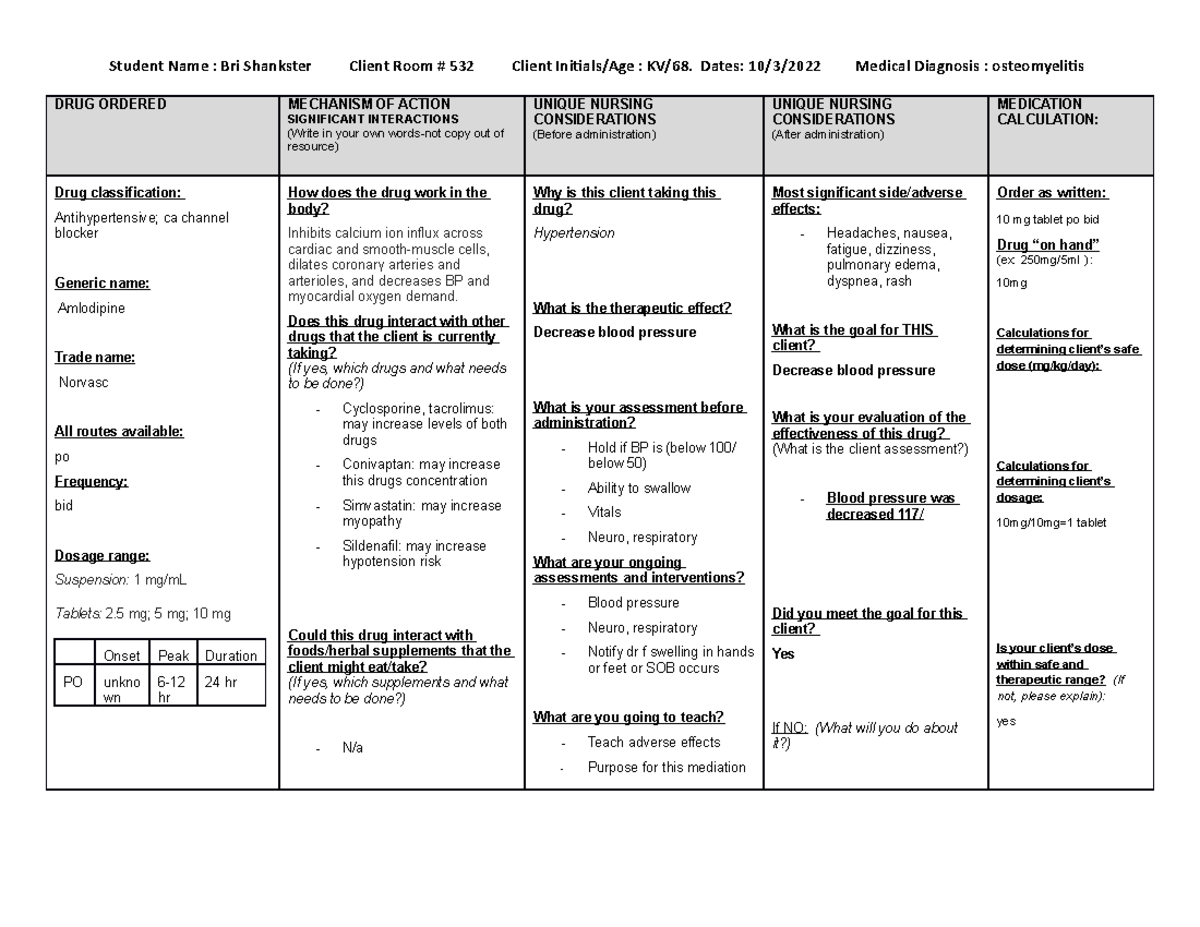 medication cards - Student Name : Bri Shankster Client Room # 532 ...