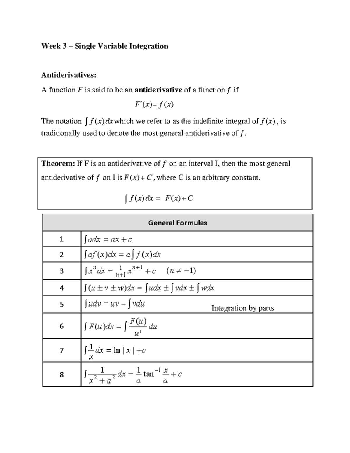 Week 3 - NOTES - Week 3 – Single Variable Integration Antiderivatives ...