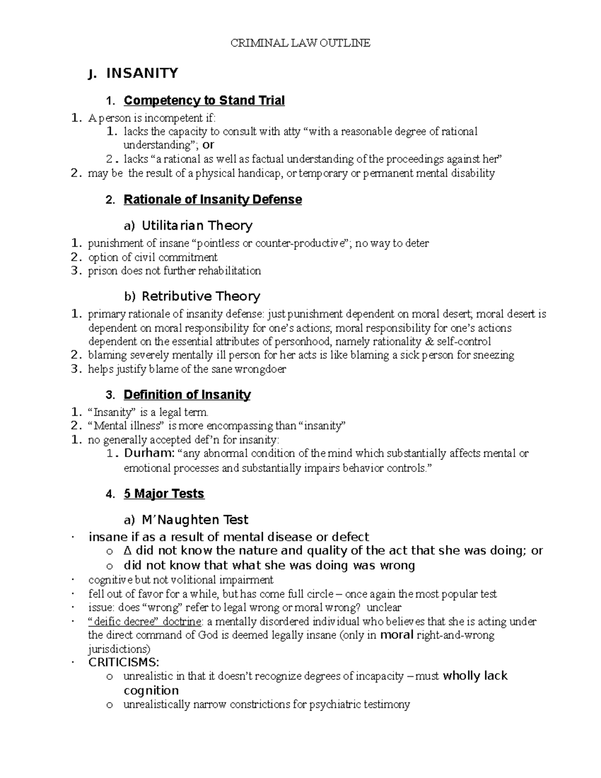 Criminal Law - Prof. York 3 - J. INSANITY 1. Competency to Stand Trial ...