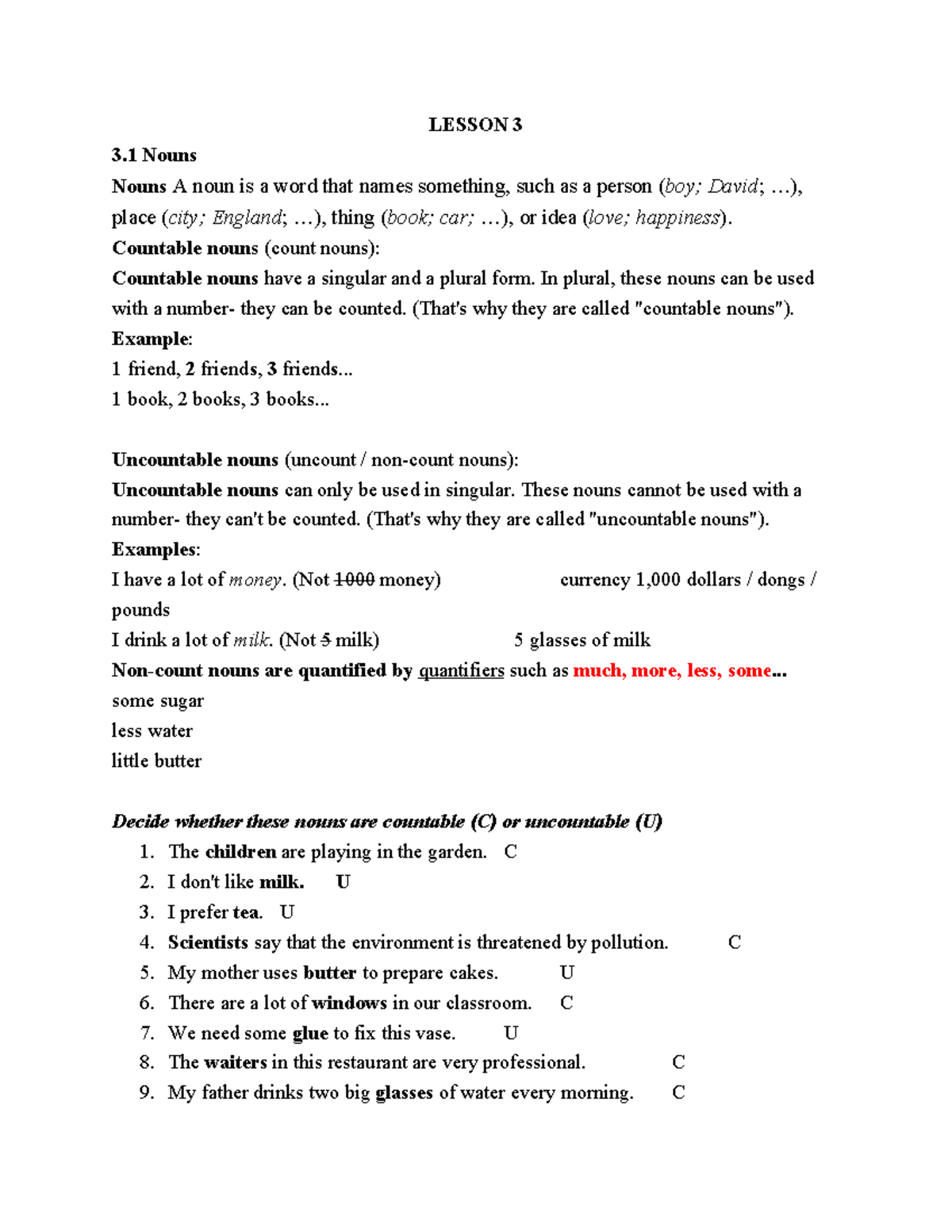 Lesson 3 & Answer key - LESSON 3 3 Nouns Nouns A noun is a word that ...