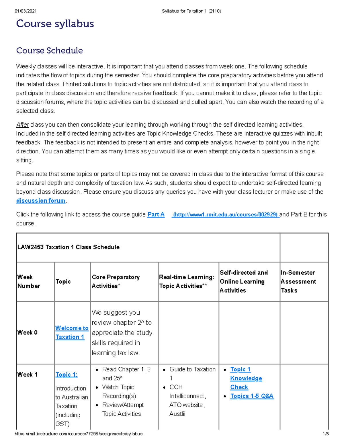 Syllabus for Taxation 1 on week by week - Course syllabus Course ...